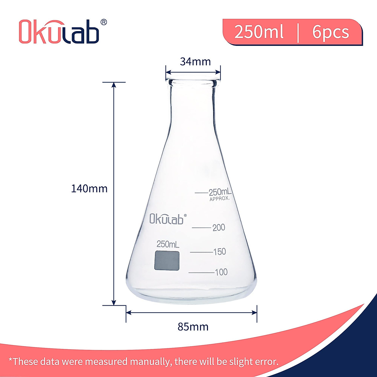 Okulab Conical Flask Set, 250mL Glass Erlenmeyer Flasks, Narrow Mouth, 3.3 Borosilicate Glass Conical Flask Set (case of 6) for Lab, Classroom, Craft, Kitchen,EFNG250A6