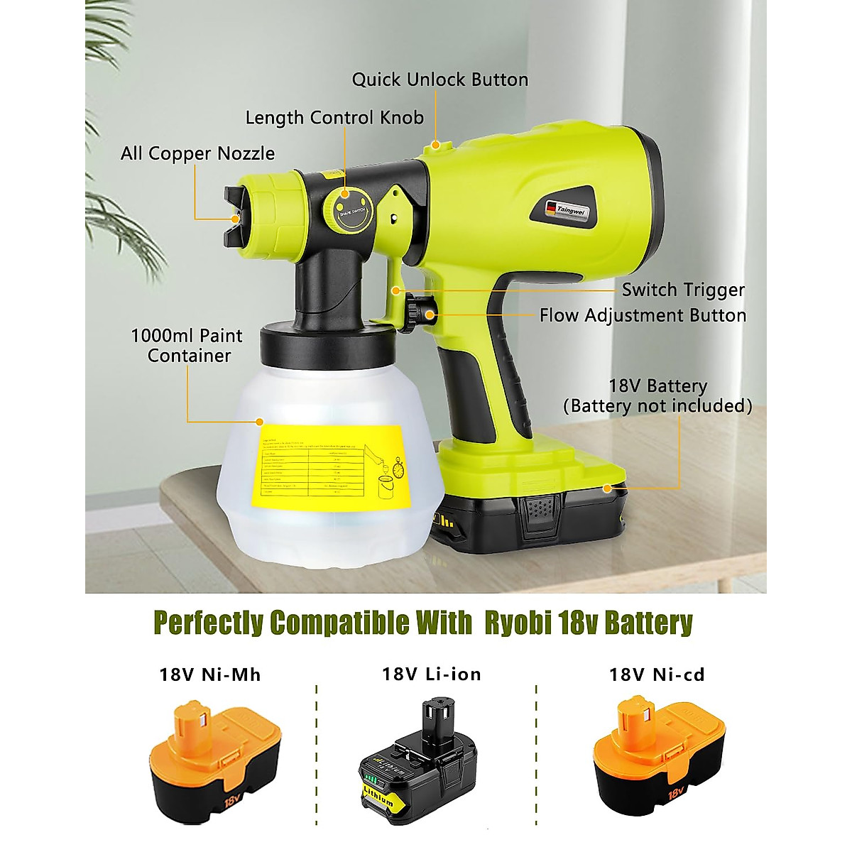 Taingwei Cordless Paint Sprayer for Ryobi 18v Battery,200W HVLP Paint Sprayer Gun with Brushless Motor for Cabinets Cars Walls Furniture House Painting (Tool Only)