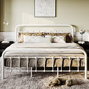 SHA CERLIN King Size Bed Frame Metal Platform Bed with Vintage Style Headboard and Footboard, Heavy Duty Mattress Foundation, No Box Spring Needed, Easy Assembly, White