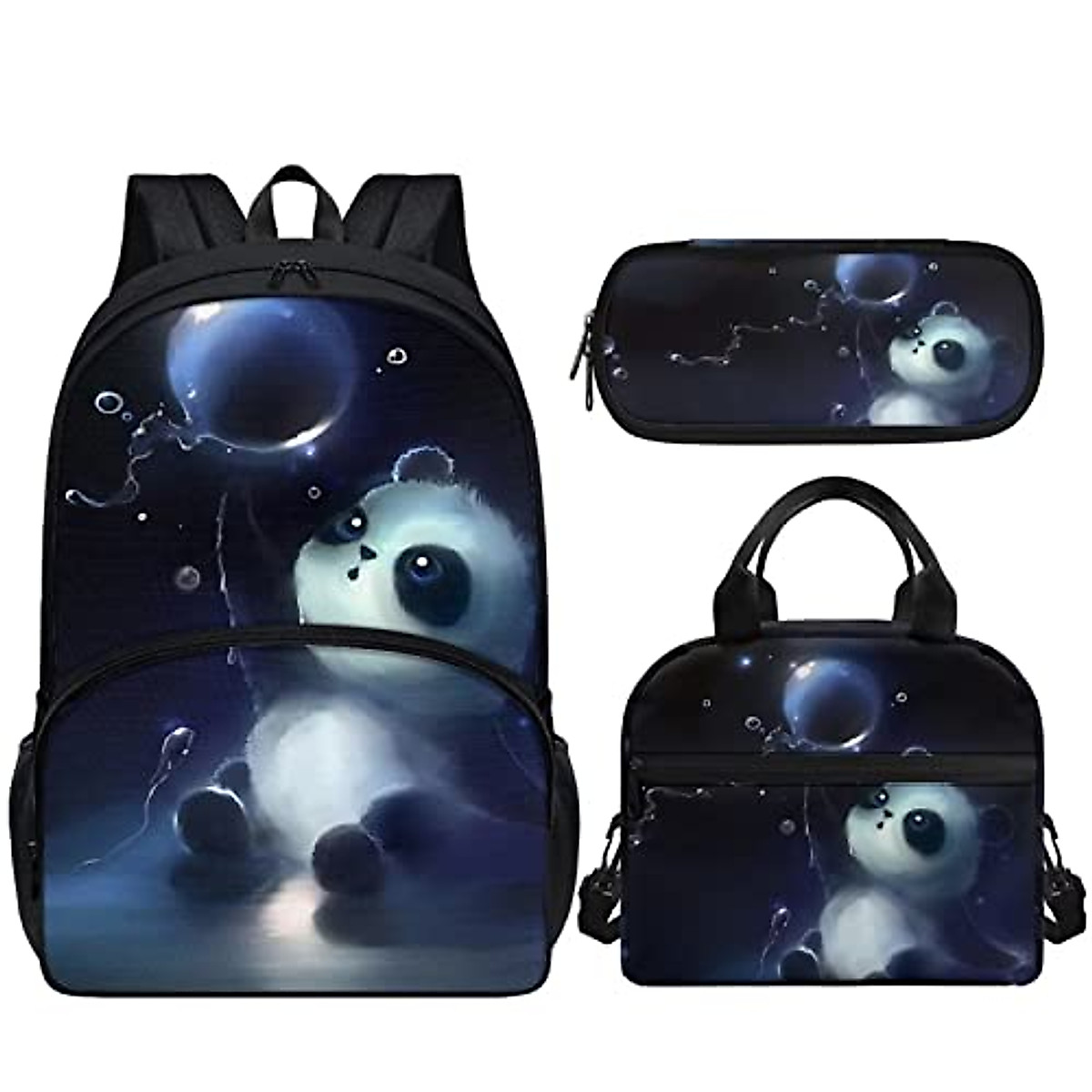 AmzPrint Panda Backpack And Lunch Bag Set For Girls,3 Piece Backpack Set,School Bag With Front Zip Pocket,Animal Print