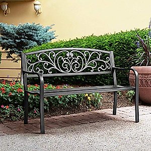 Patio Park Garden Bench, 50" Outdoor Bench Metal Bench with Powder Coated Iron Metal Frame & Floral Ivy Design Backrest, 400lbs Sturdy Steel Frame Furniture for Yard Porch Entryway Lawn Decor Deck