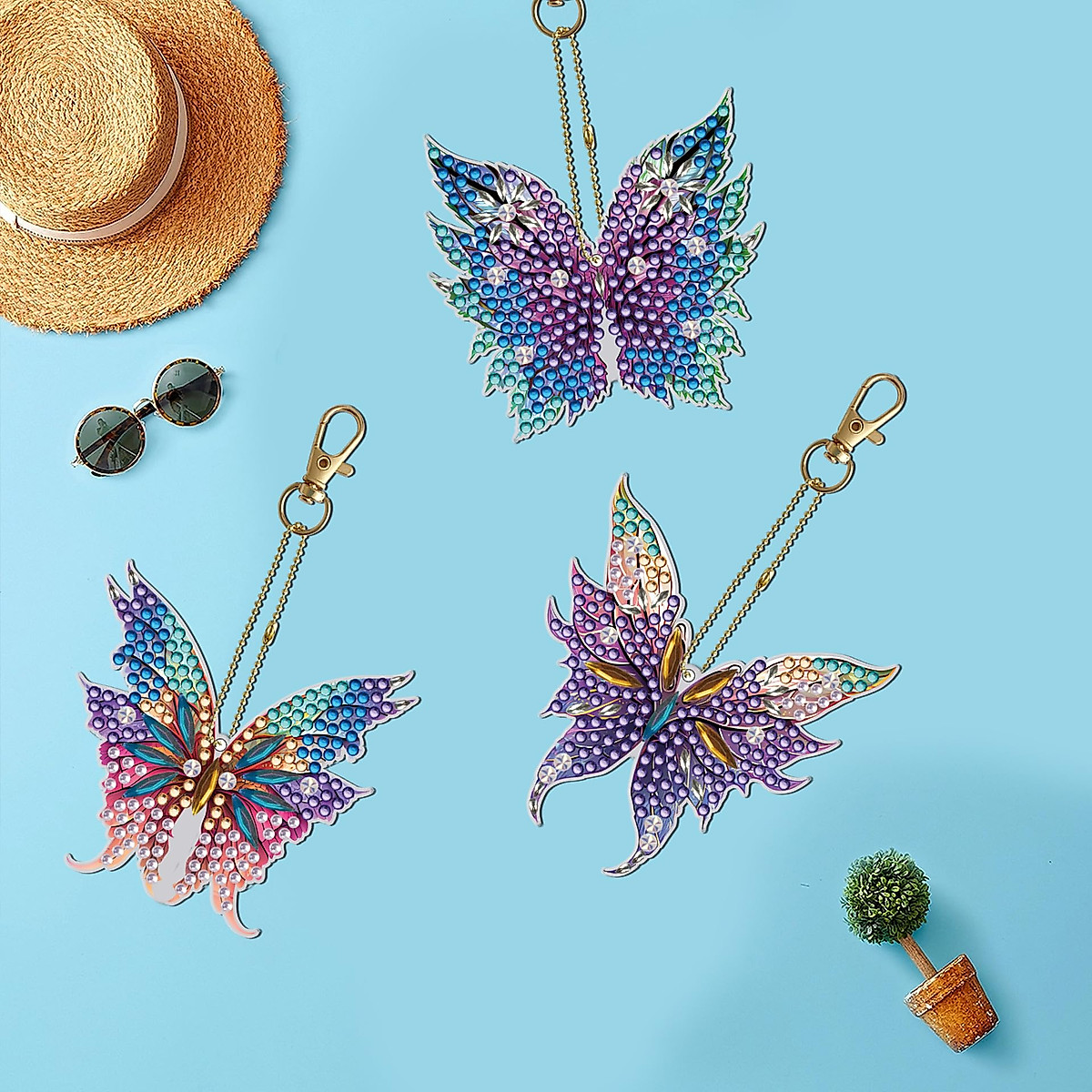 LUSandy 6pcs DIY 5D Colorful Angel Wings Diamond Painting Keychain Kits for Adults Double Sided Special Shape Angel Wings Diamond Art Key Chain Key Ring Set for Backpack Shoulder Bag Accessories