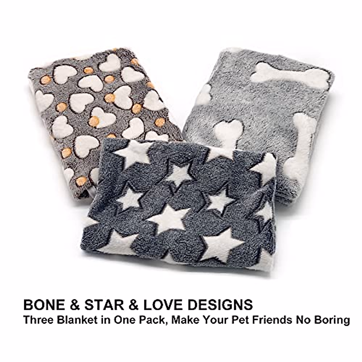 1 Pack 3 Puppy Blankets Super Soft Warm Sleep Mat Grey Cute Print Blanket Fluffy Fleece Pet Blanket Flannel Throw Dog Blankets for Small Dogs Puppy Dogs Fluffy Cats,Star&Bone&Love-Small(23"x15")