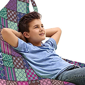 Lunarable Geometric Lounger Chair Bag, Square Mosaic Tile Patterns with Polka Dots Checkered and Floral Motifs Image, High Capacity Storage with Handle Container, Lounger Size, Multicolor