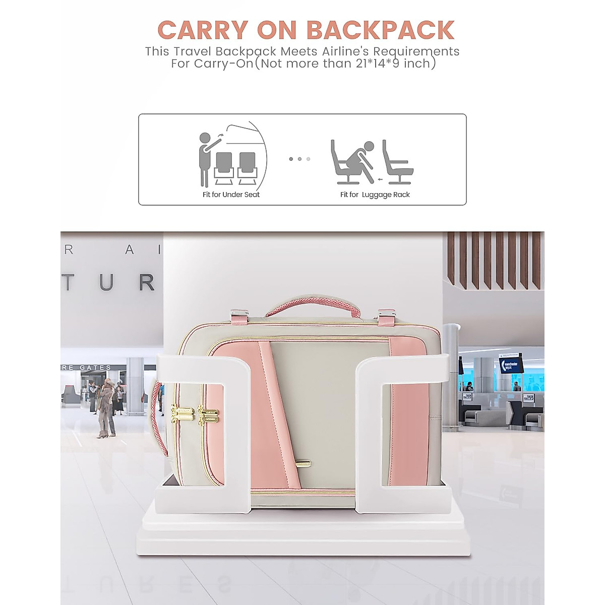 LOVEVOOK Travel Backpack for Women, 40L Carry on Backpack Fits 17 Inch Laptop, Airlines Approved Personal Item Bag, Waterproof Weekender College Business Bags with 3 Packing Cubes, Grey-Pink