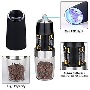 Gravity Electric Salt and Pepper Grinder Set, Automatic Pepper and Salt Mill Grinder,Battery-Operated with Adjustable Coarseness, Premium Stainless Steel with LED Light, (BLACK 1-PACK)
