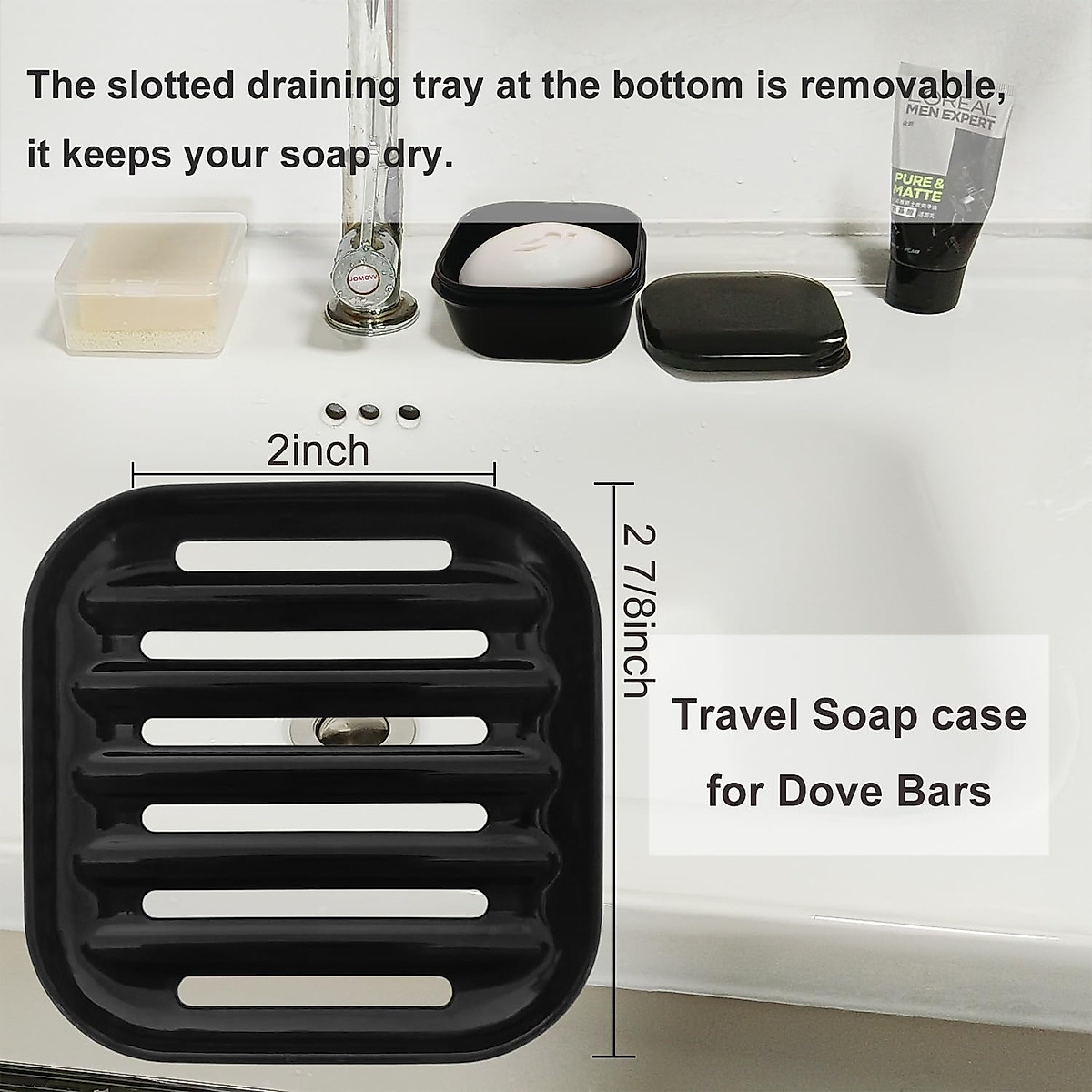 Vonpri Travel Soap Container with Lid for Dove Beauty Bar, Small Soap Case Holder for Shower Traveling Accessories Bathroom Soap Dishes Box for Mini Soap, Shampoo and Conditioner Bar 2.5 Inch (Black)