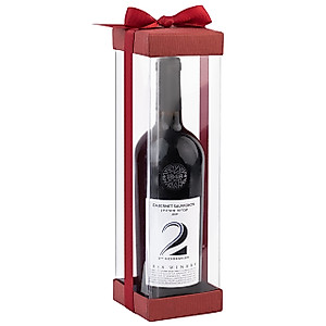 Hammont Clear Plastic Wine Bottle Gift Boxes (6 Pack) Wine Boxes with Base, Lid & Ribbon | For Wine, Whiskey, Vodka & All Bottle Gifts (Maroon, 3.5x3.5 x12.75)