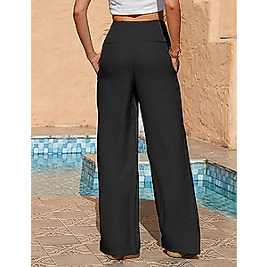 MUSIDORA Linen Pants Women Plus Size Boho Smocked High Waist Flowy Wide Leg with Pockets Stretchy Boho Beach Travel Trousers Petite (Black XL)
