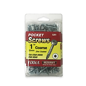 Milescraft 5201 Wood Pocket Hole Screws - #7 x 1" Pan Head with Coarse Thread (100pc.), Torx Drive Self-Tapping, For Indoor Use