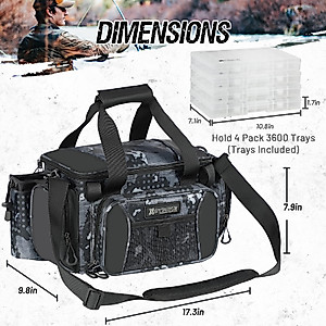 X Strike Fishing Tackle Bag, Fishing Bag Waterproof Fishing Storage Bag with 4 3600 Tackle Box, Saltwater and Freshwater Tackle Shoulder Bag for Fishing, camping, hunting, hiking, travel.