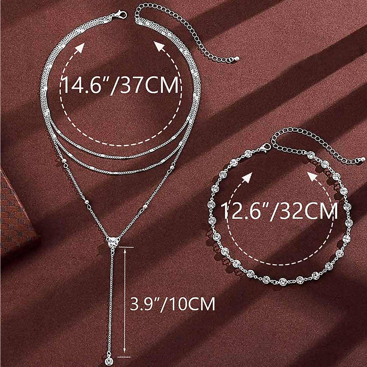 Zehope Layered Y Necklace Silver Rhinestone Necklaces Sparkly Long Elegant Necklace for Women