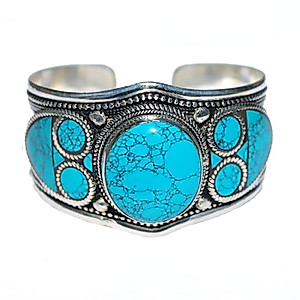 Boho Style Blue Stabilized-Turquoise Mosaic Adjustable Cuff Bracelet | Stainless Steel Jewelry for Men & Women