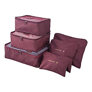 Storage Bags with Shoe Travel Cubes Carry on Packing Luggage Set 6 Organizers Portable Housekepping Packing Room Organizers Boxes for Car Travel Outside Moving Laundry(Burgundy)