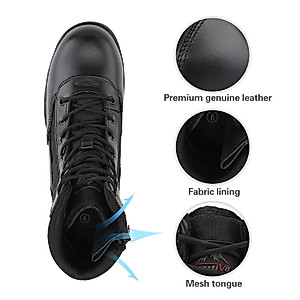 NORTIV 8 Mens Military Tactical Work Boots Side Zipper Leather Outdoor 8 Inches Motorcycle Combat Boots Size 12 Wide US Trooper-W, Black-8 Inches