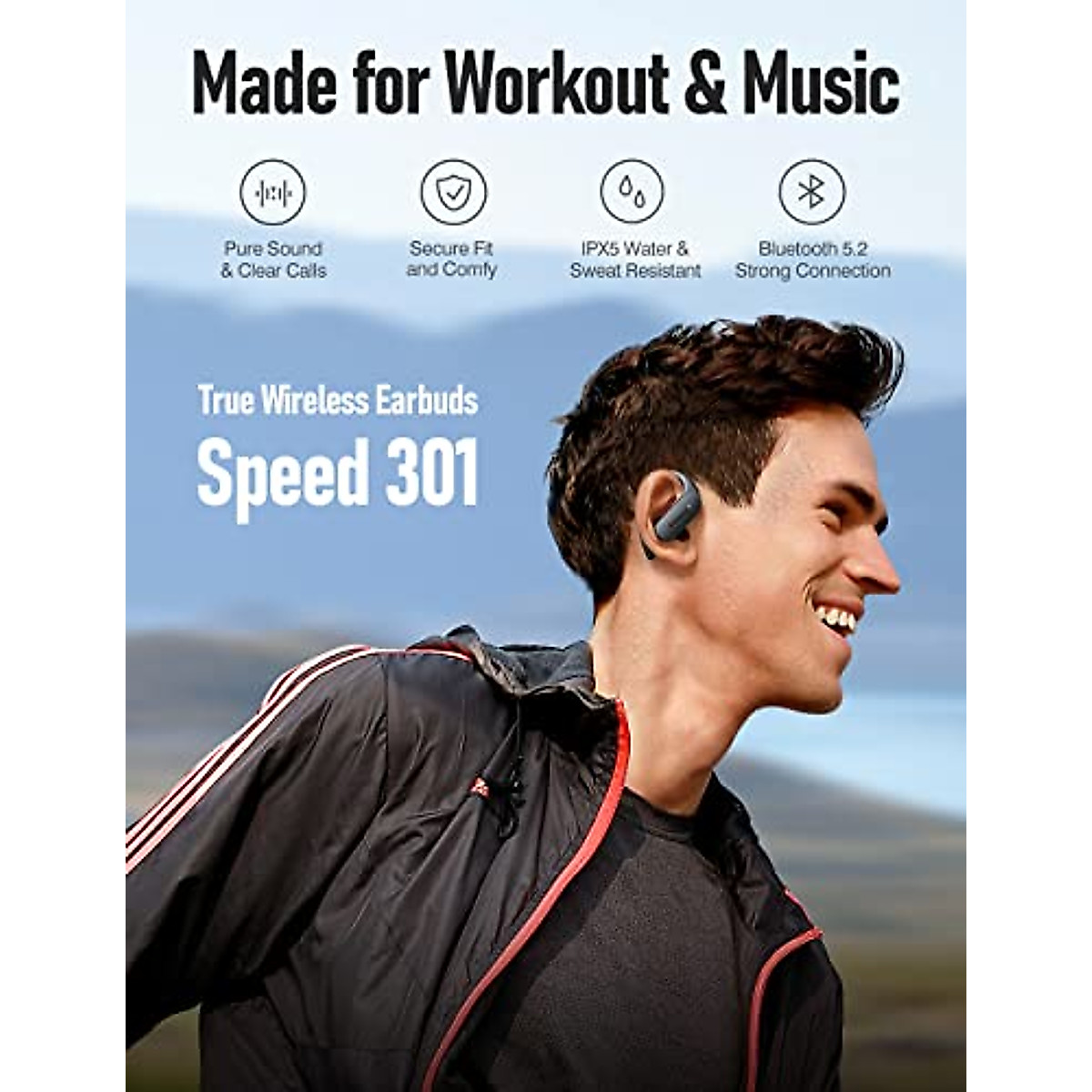 Audiovance SP301 True Wireless Earbuds Bluetooth 5.2 Earphones, Over Ear Headphones with Mic and Earhooks for Women Men Workout Running Sports Gym, 24H Battery Waterproof Ear Buds for iPhone Android.