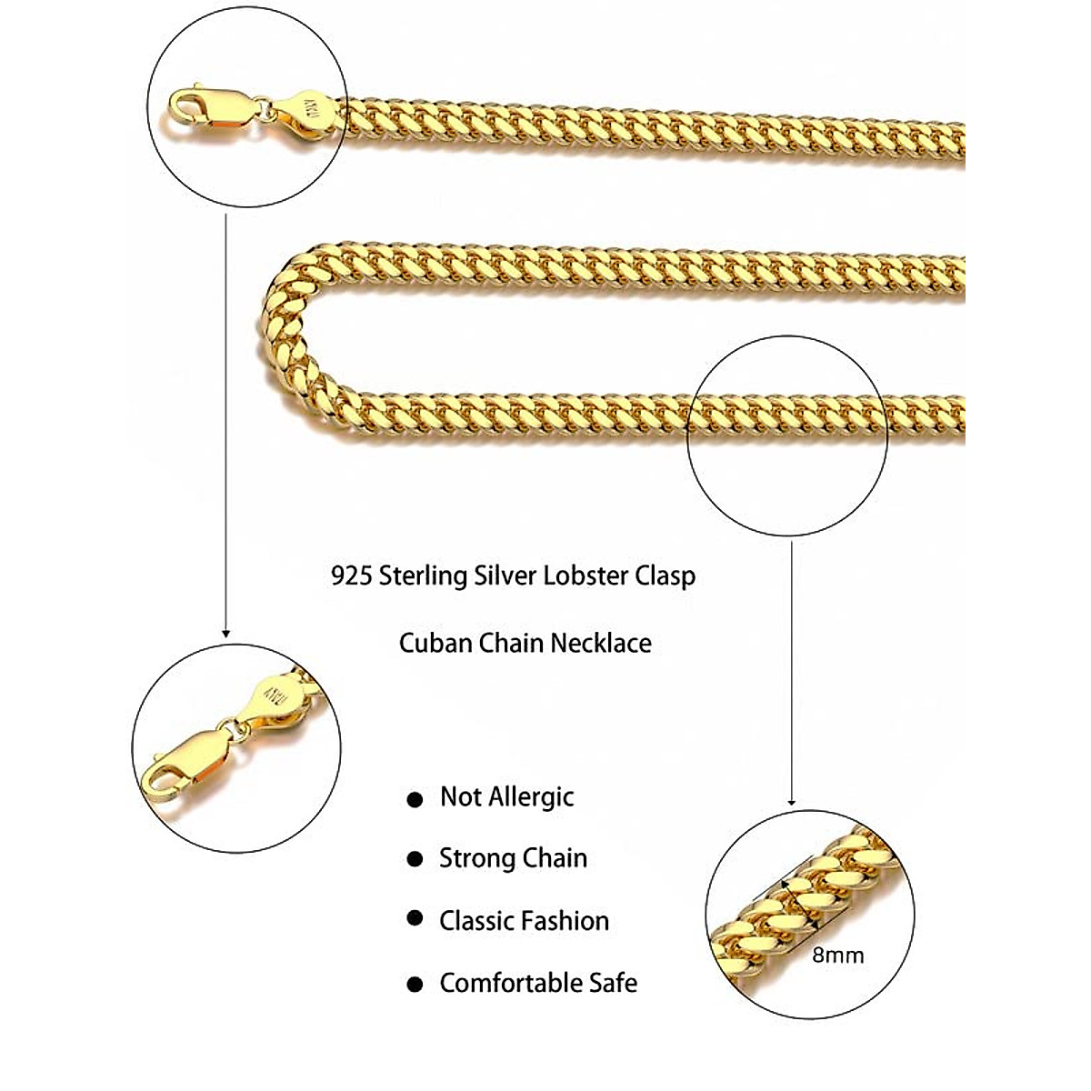 Waitsoul 925 Sterling Silver Cuban Chain Lobster Clasp 8mm 18K Gold Over Cuban Link Curb Chain Necklace for Women Men Diamond Cut 20 Inches