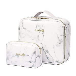 Luxtude Travel Makeup Bag Organizer Large Makeup Train Case Leather Cosmetic Case Organizer Portable Artist Storage Bag with Adjustable Dividers for Women Cosmetics Brushes Toiletry etc. (Marble)
