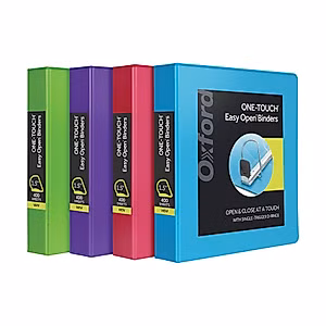 Oxford 3 Ring Binders, 1.5 inch ONE-Touch Easy Open D Rings, Durable Binders for School and Office, ClearVue, Xtralife Hinge, Non-Stick, PVC-Free, Assorted Colors, Holds 375 Sheets, 4 PK (79908)