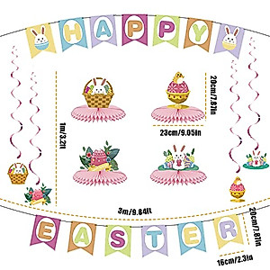 ASunine Easter Party Decorations Happy Easter Banner Hanging Swirl with Honeycomb Centerpieces Easter Eggs Bunny Table Decorations for Home Office School Classroom Party Supplies