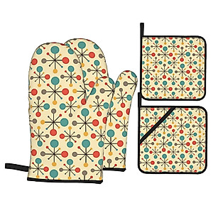 Retro Mid Century Fifties Modern Atomic Oven Mitts and Pot Holders Heat Resistant 4 Pcs Sets Waterproof Non-Slip for BBQ Cooking Baking Grilling