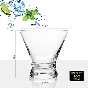 WOTOR Stemless Martini Glasses Set of 4, 8oz Cocktail Glass Set, Fancy Modern Martini Cups for Bar, Short and Small Margarita glasses
