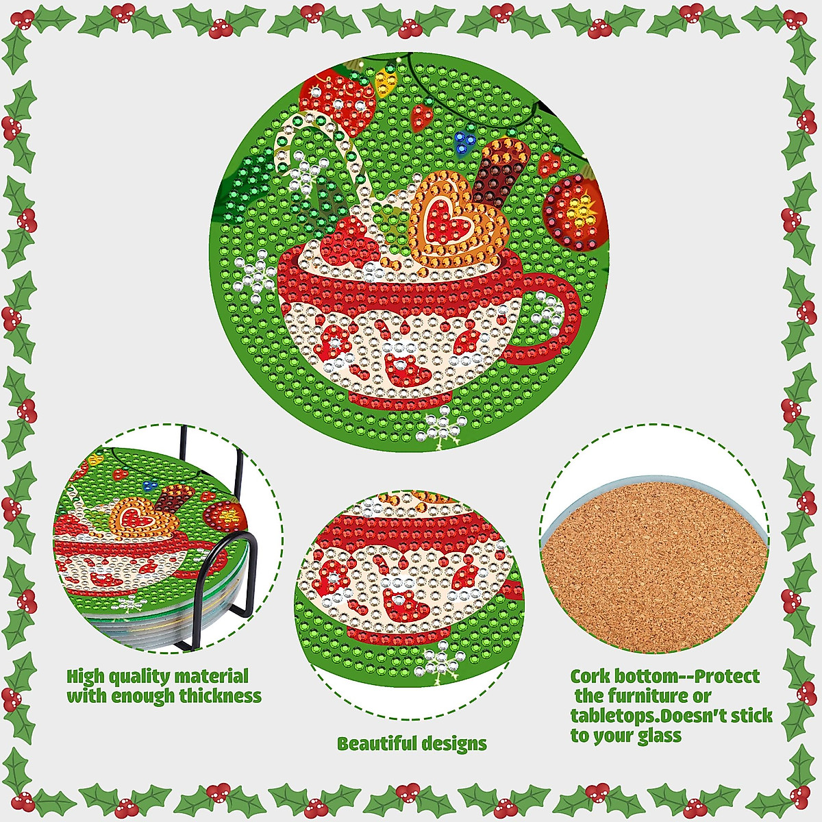 Christmas Diamond Painting Coasters Hot Cocoa Diamond Art Coasters Winter Hot Chocolates 5D DIY Diamond Decorative Coasters with Cork Base Holder for Christmas Winter Holiday DIY Crafts, 8 Pieces