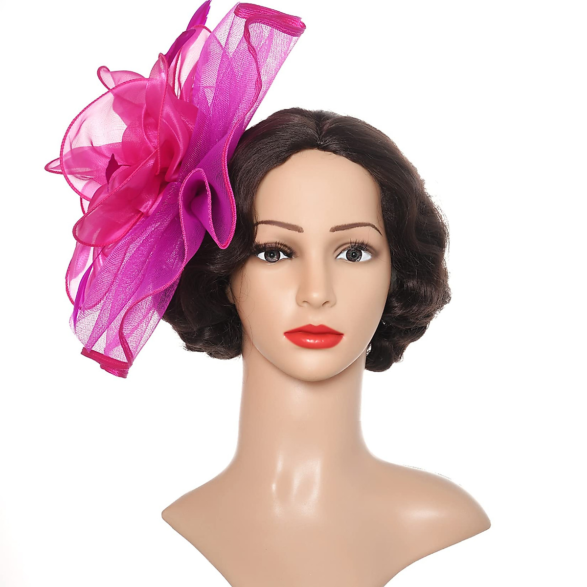 Fascinators Hat for Women Tea Party Fascinator 20s 50s Cocktail Church Wedding Headwear Large Ruffle Fascinator Hat (Fuchsia Red)