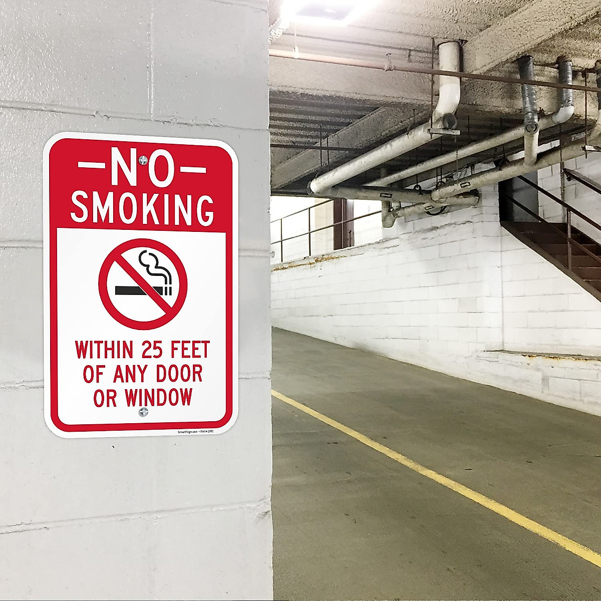 SmartSign 18 x 12 inch “No Smoking - Within 25 Feet of Any Door Or Window” Metal Sign, 63 mil Laminated Rustproof Aluminum, Red, Black and White