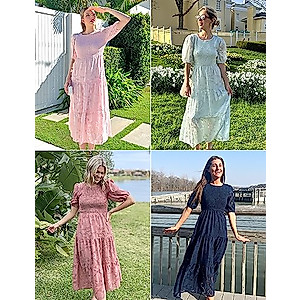 MEROKEETY Women's 2025 Casual Short Sleeve Smocked Dress Round Neck High Waist Ruffle Party Dresses,Beige,XXL