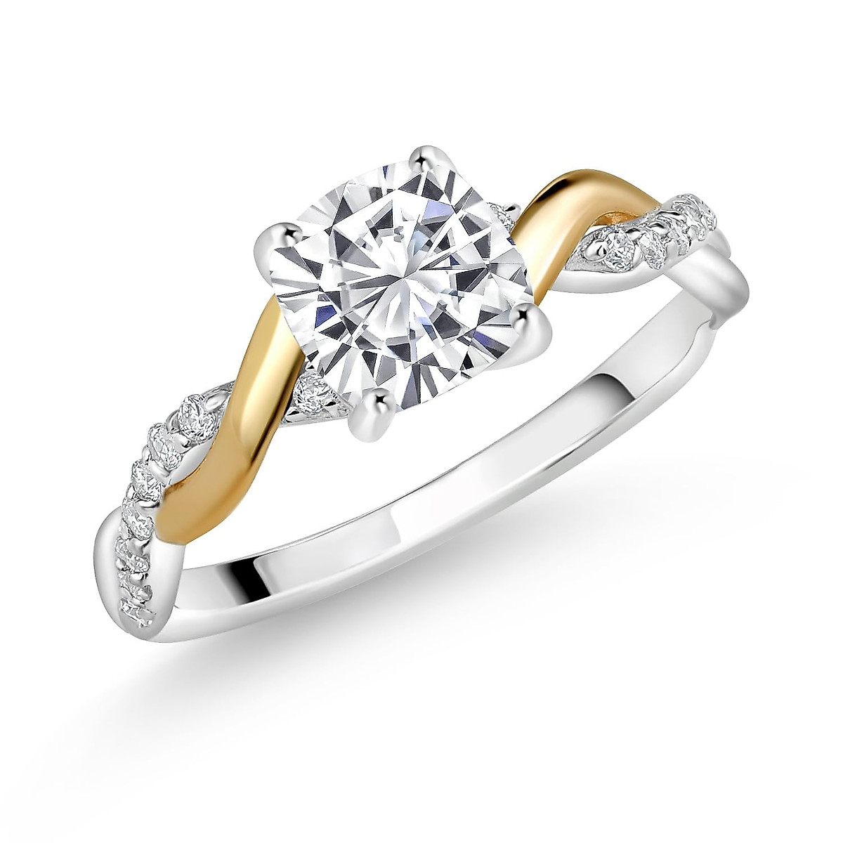 Gem Stone King 925 Sterling Silver and 10K Yellow Gold 6MM Cushion Gemstone Birthstone and Lab Grown Diamond Engagement Ring for Women | Available In Size 5, 6, 7, 8, 9