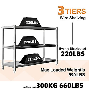 storage rack, 3Tier Shelf Adjustable Stainless Steel Shelves, Sturdy Metal Shelves Heavy Duty Shelving Units and Storage for Kitchen Commercial Office Garage Storage, 47L X 16W X 31.5H 660Lbs Total