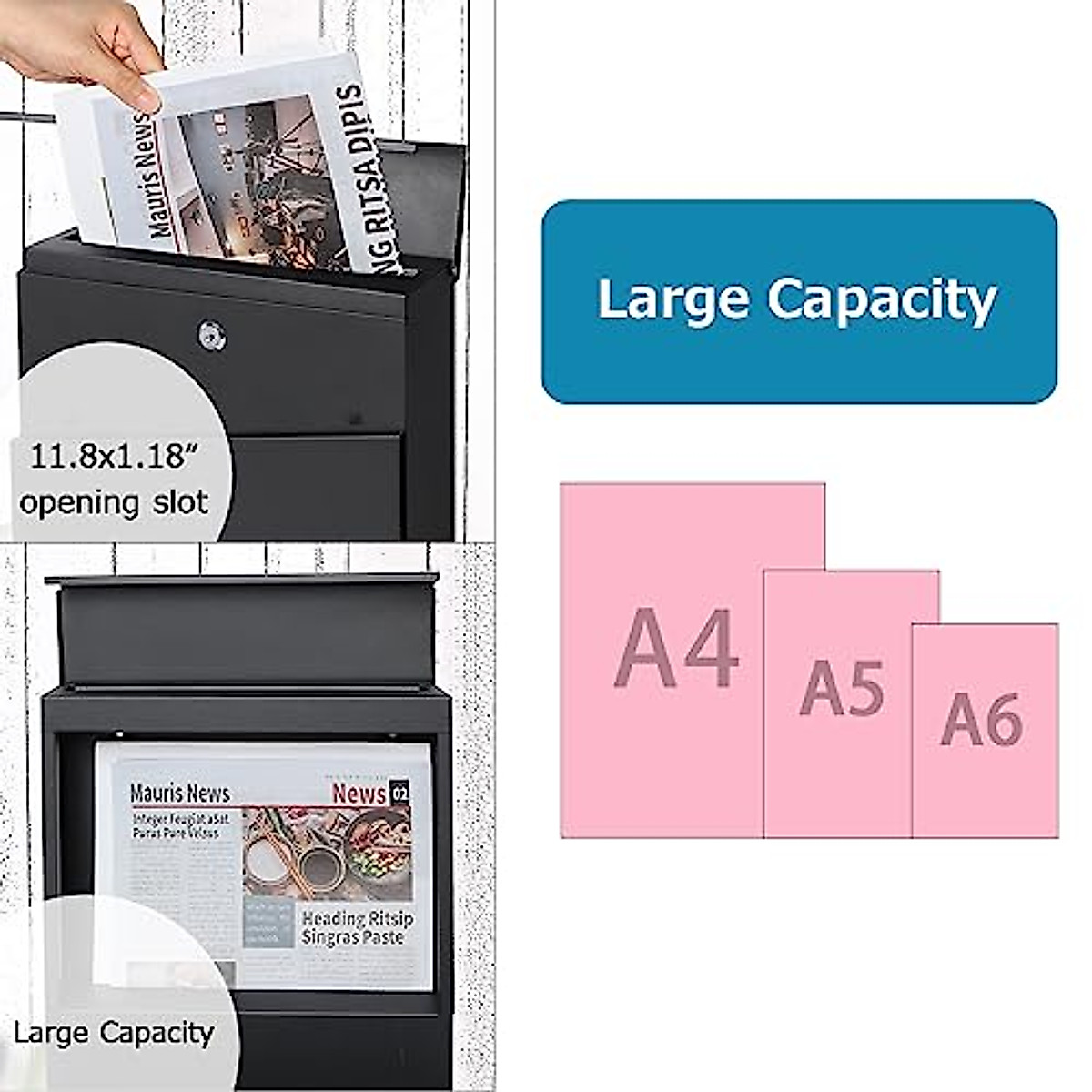 Wall Mounted Mailboxes with Key Lock, Lovndi Large Capacity Drop Mail Locking Box for Outdoor, Lockbox 932 Black Matt