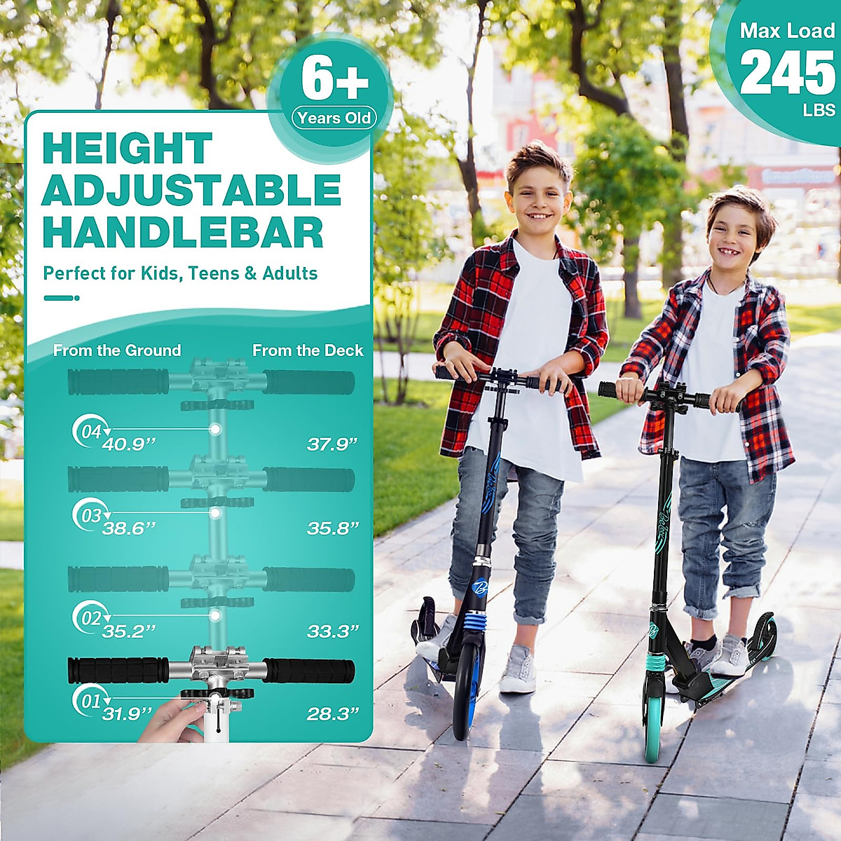 BELEEV V5 Scooters for Kids 6 Years and up, Folding Kick Scooter 2 Wheel for Adults Teens, 4 Adjustable Handlebar, 200mm Big Wheels, Lightweight Sports Commuter Scooter(Teal)