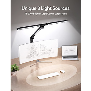 LED Desk Lamp with Clamp, Three Light Sources Desk Lamps for Home Office, Led Desk Light Swing Arm, Control Box, Dimmable 4 Color Modes, 4 Brightness, Eye-Caring Clip on Lamp for Workbench Studio, 20W