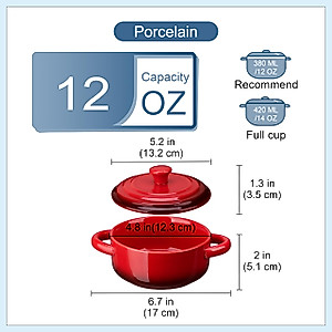 LOVECASA Mini Cocotte Set,12 OZ Small Casserole Dishes with Lids, Soup Bowls With Handles,Individual Baking Ramekins,Oven, Microwave & Dishwasher Safe,Set of 4,Red