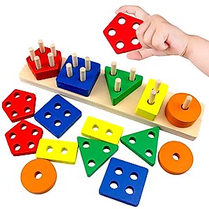 Montessori Toys for 18+ Months,Wooden Sorting&Stacking Toys for Toddlers&Kids,Educational Toys,Color Recognition Stack Shape Sorter,Motor Skill Toy, Learning Puzzles Gift for 1 2 3 Year Old Boys Girls