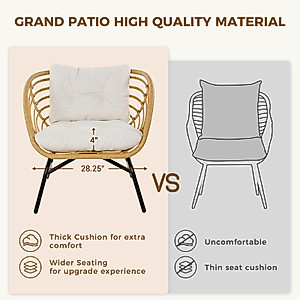 Grand patio 3-Piece Patio Set, Outdoor Furniture Set with Beige Thick Cushions, Wicker Sofa Set with Patio Coffee Table, Boho Bistro Set for Porch, Backyard, Balcony, Garden