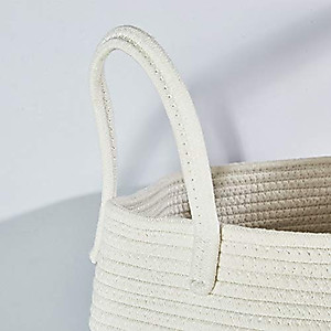 Laundry Basket Woven Cotton Rope Large Clothes Hamper 16" D x 25" H, Tall Basket with Extended Cotton Handles for Storage Clothes Toys in Bedroom, Bathroom, Foldable White and Gray by Gecious