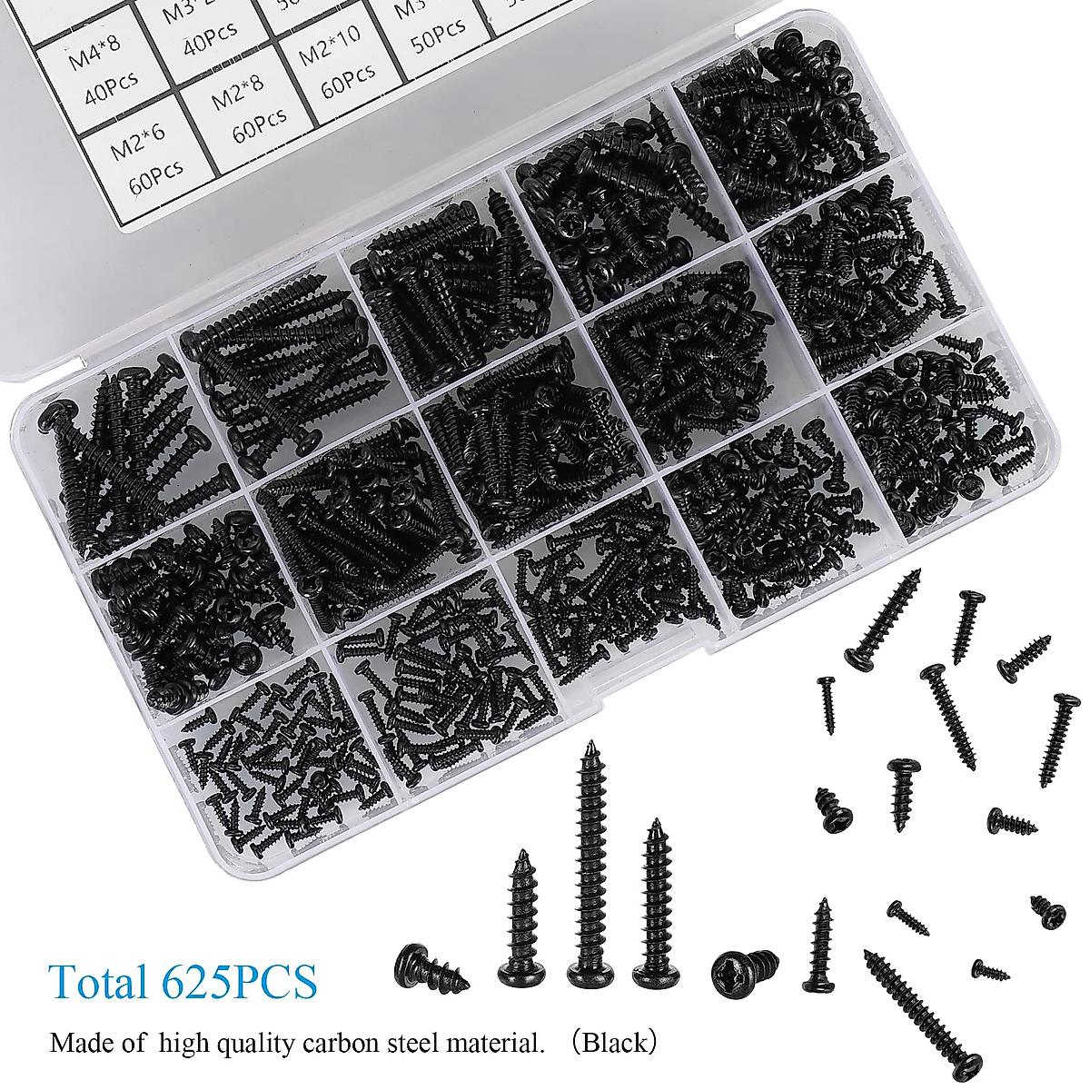 HanTof 625pcs M2 M3 M4 Phillips Pan Head Self-Tapping Wood Screws,14 Sizes Cross Recessed Round Head Self Tapper Screws Assortment Kit for Wood,Plastic and Soft Metal,Black Carbon Steel,Sharp Point
