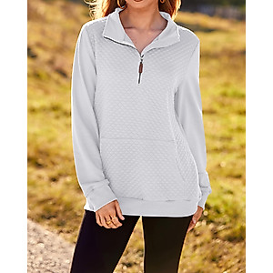 BTFBM Women Fashion Quilted Pattern Lightweight Zipper Long Sleeve Plain Casual Ladies Sweatshirts Pullovers Shirts Tops (White, Large)