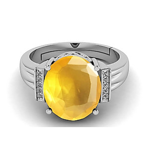 LMDPRAJAPATIS 7.25 Ratti Natural AA+ Quality Stone Yellow Sapphire Silver Plated Statement Ring For Women's