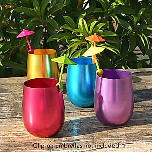 CLW Aluminum Stemless Wine/Old Fashion Glass, Set of 4, 4-Color in a Set (Purple/Blue/Pink/Gold), 16oz (Medium)