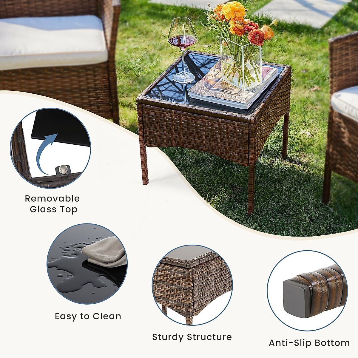 DUMOS Patio Furniture Set 3 Pieces, Outdoor Wicker Furniture with Coffee Table, Modern Rattan Patio Chairs Conversation Sets with Sofa for Garden, Terrace, Porch, Balconies, Lawns(Brown and Beige)