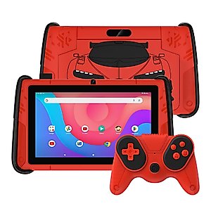 VOLENTEX 7 Inch Kids Tablet, Android 12 Tablet for Children with Game Controllers, 4GB RAM+64GB ROM(Expandable 512GB), Parental Control, Pre-Installed Kids Software, Shockproof Case(Red)