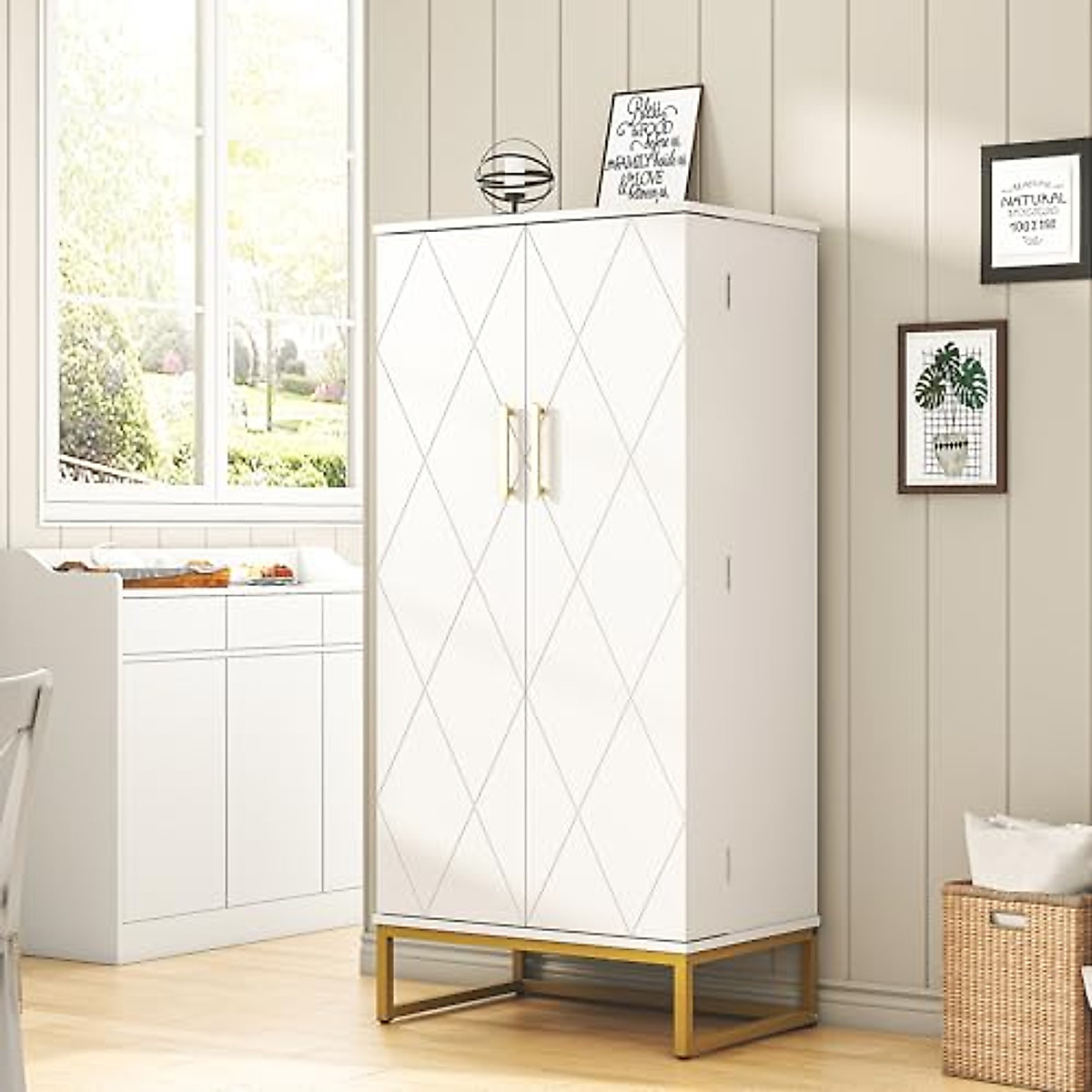 kepptory 51” Pantry Cabinets, White Freestanding Kitchen Pantry Storage Cabinet with Adjustable Shelves, Buffet Cupboards Storage Cabinet for Home Office Use, White + Gold