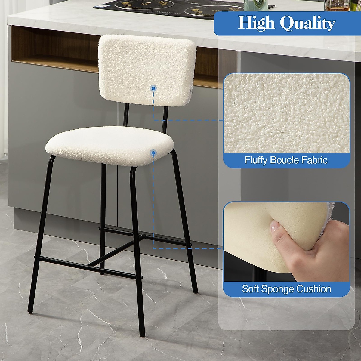 Bar Stools Set of 4 Counter Height Bar Stools : Upholstered Boucle Fabric Bar Stool for Kitchen Bistro Pub Armless Modern Bar Chair with Metal Base for Dining Room Kitchen Island