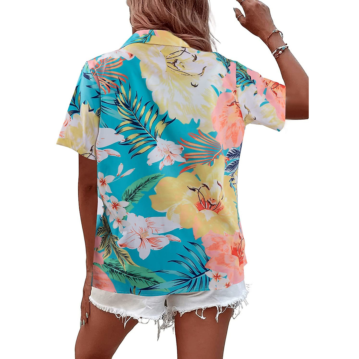 Hawaiian Shirts for Women Soft Cool Summer Hawaiian Shirt Floral Tropic Print Tees V Neck Button Up Short Sleeve Top Pink Blue