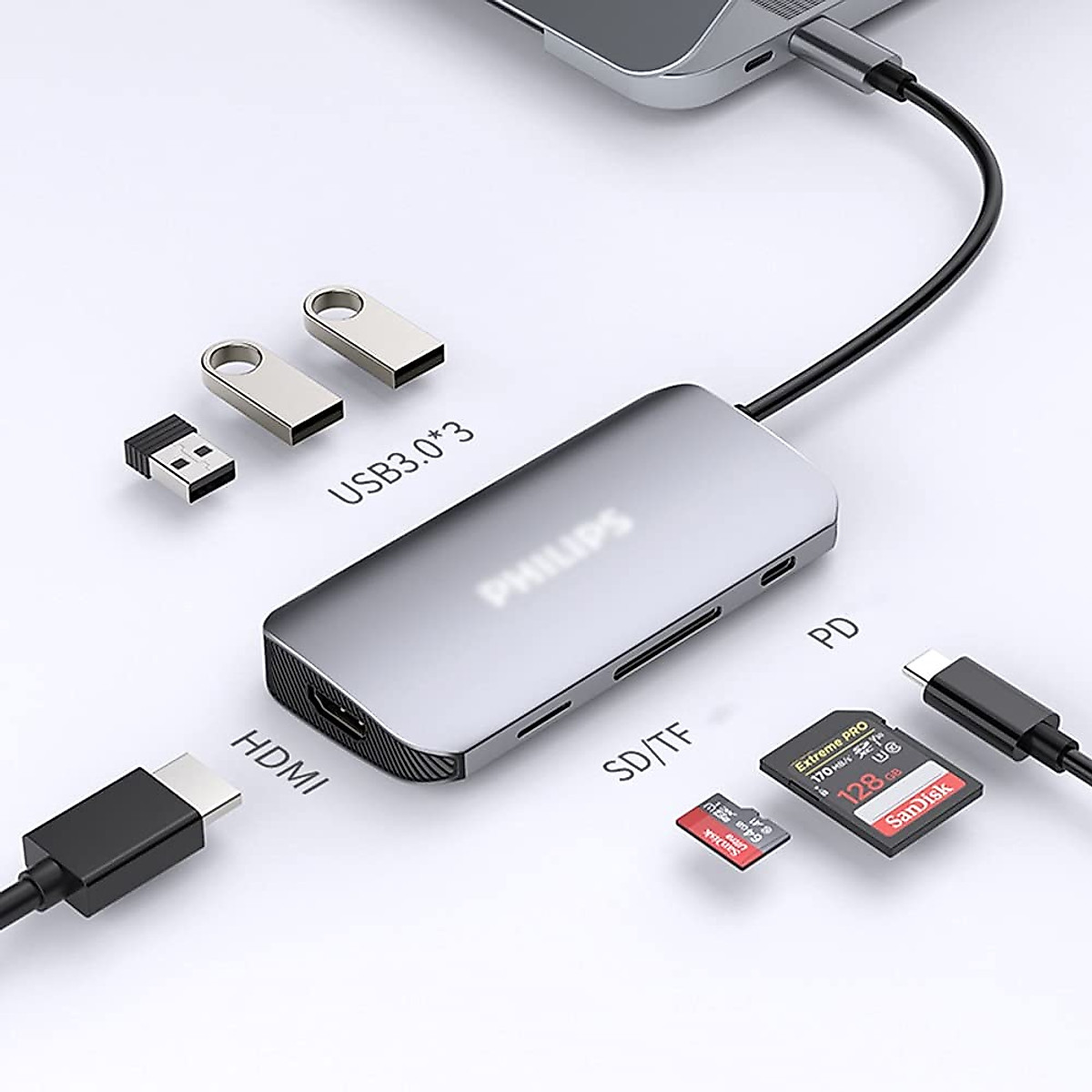 Port Expander USB C Docking Station 7 in 1 USB C Hub Multiport Adapter with HDMI, PD 100W, SD/TF Card Reader, 3 USB 3.0 Port USB C Dock USB Splitter