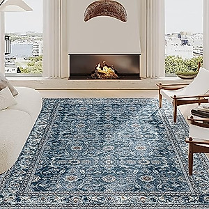 jinchan Area Rug 5x7 Washable Rug Blue Vintage Rug Traditional Floor Cover Foldable Thin Rug Retro Kitchen Accent Rug Indoor Distressed Non Slip Carpet Floral Print Mat Bedroom Living Room Bathroom